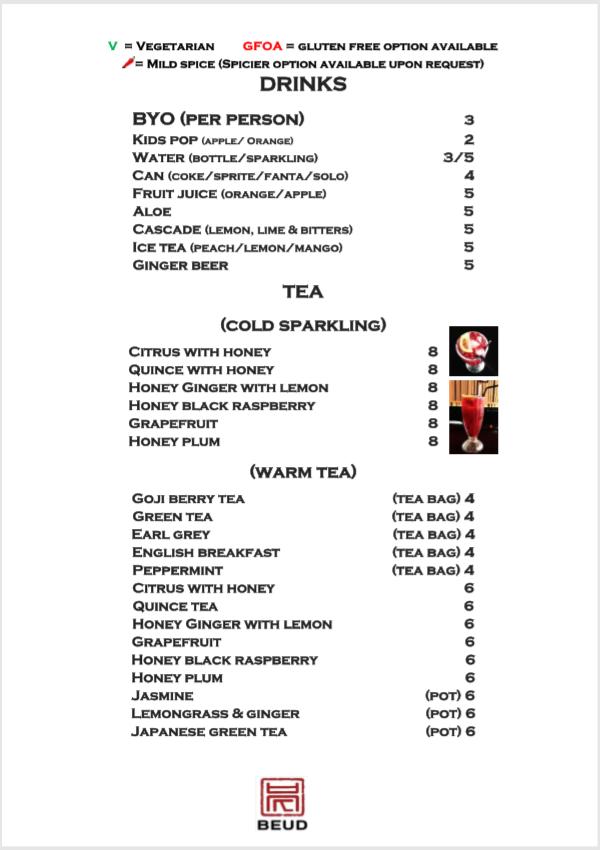 Menu at Beud restaurant, Maitland