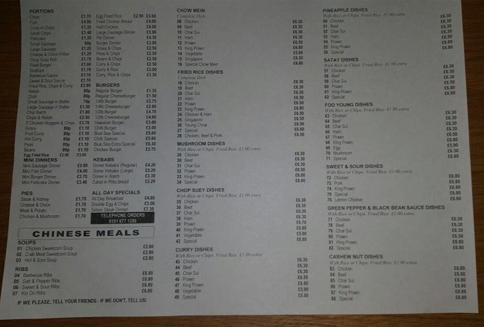 Menu at The Blue Sea restaurant, Birkenhead, 49 Hoylake Rd