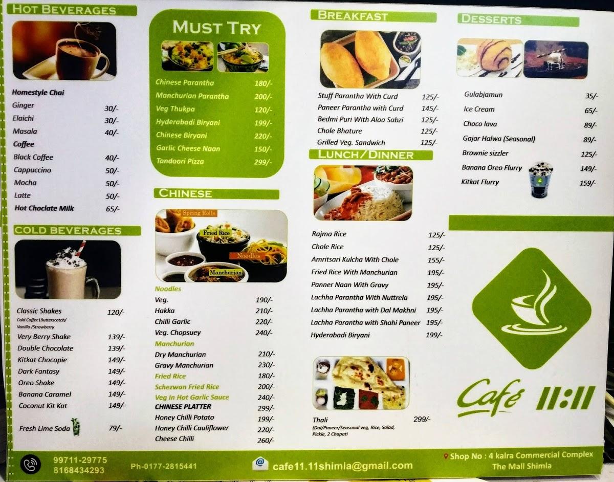 Menu at CAFE 11:11, Shimla
