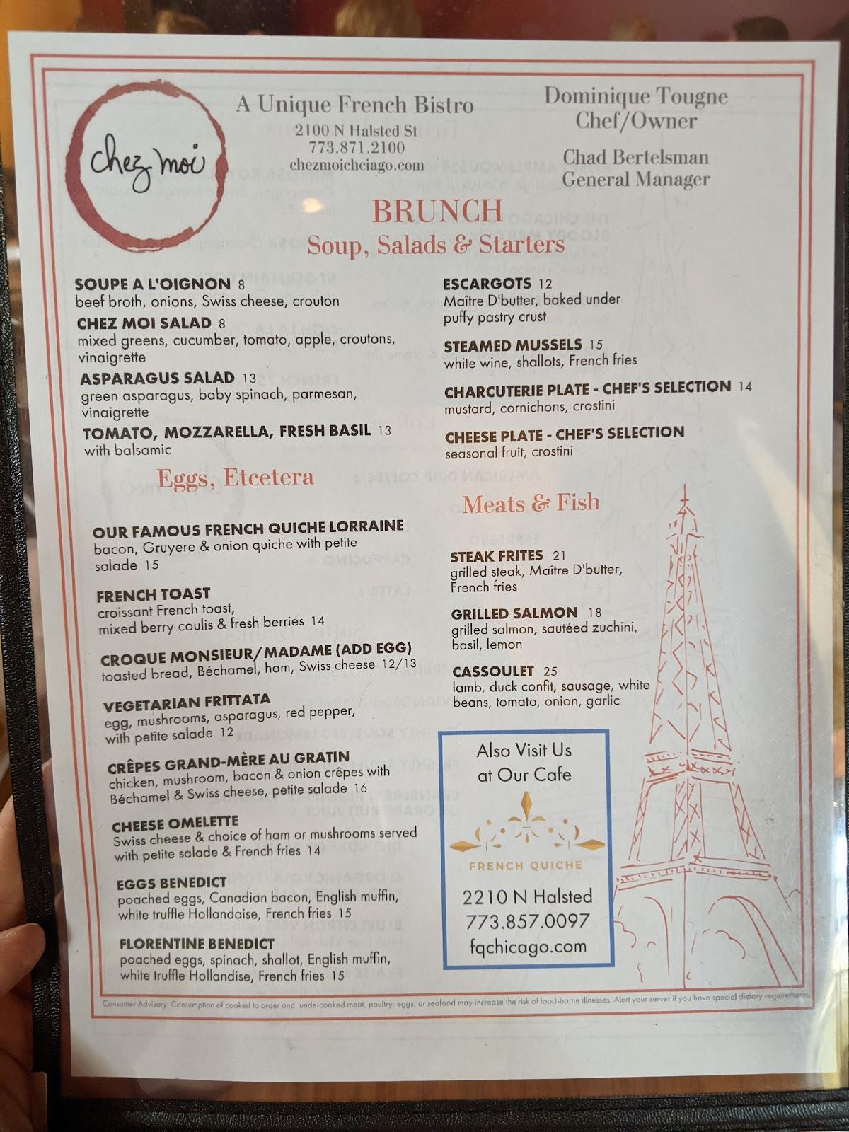 Menu at Chez Moi restaurant, Chicago