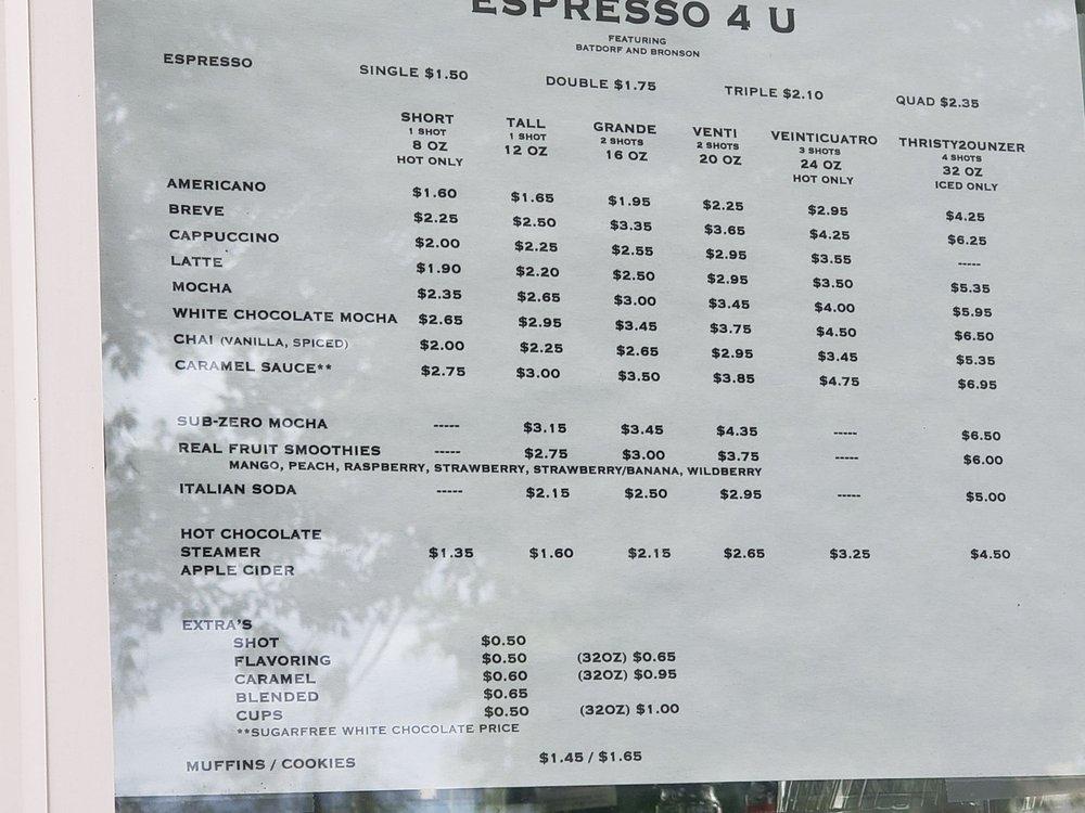 Menu at Espresso 4 U, Tacoma