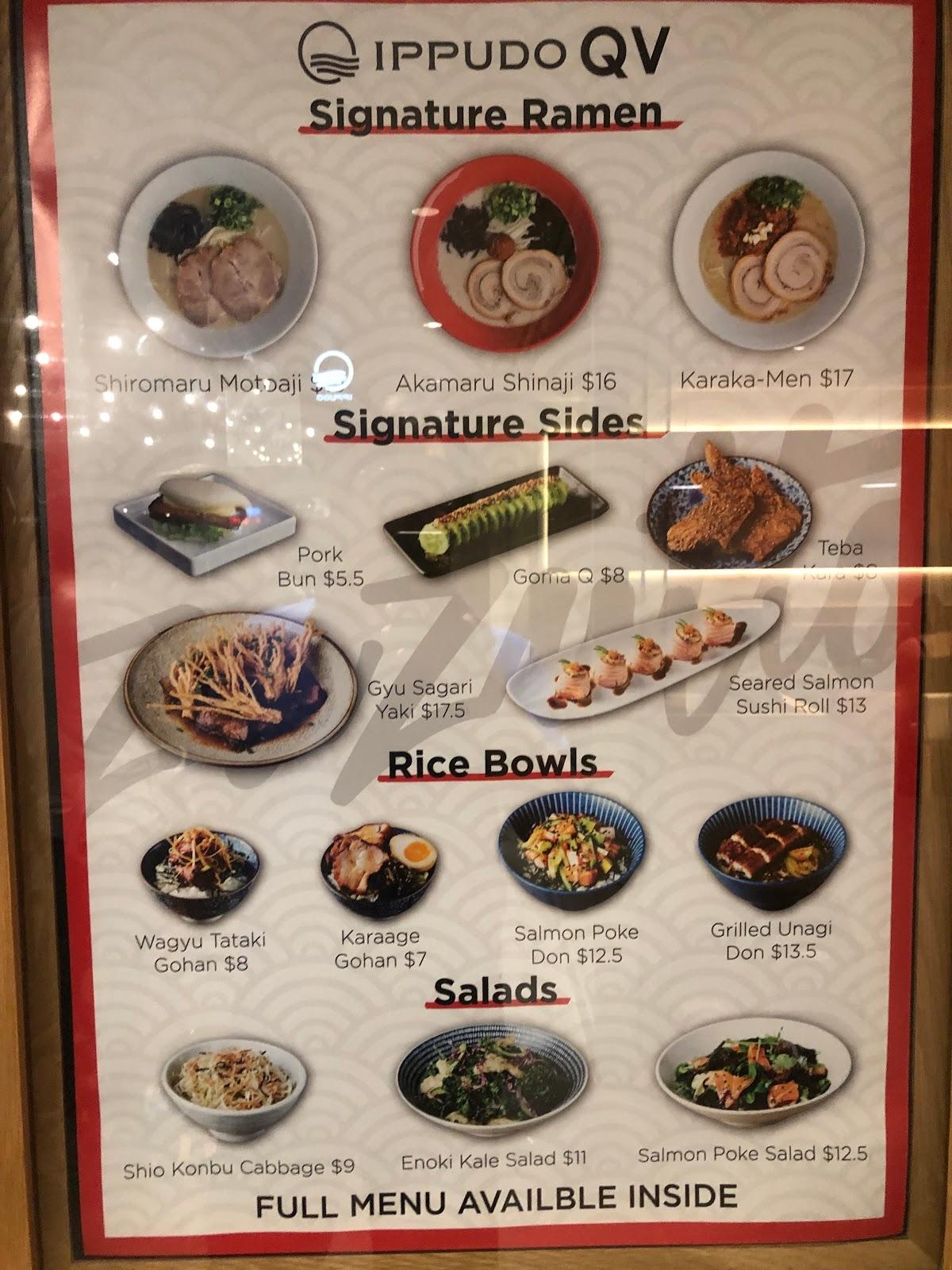 Menu at IPPUDO QV restaurant, Melbourne