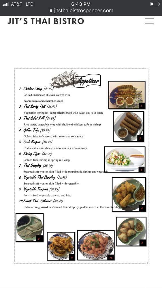 Menu at Jit's Thai Bistro restaurant, Spencer