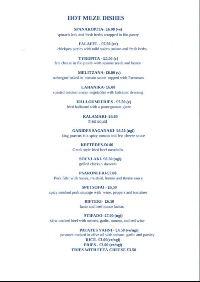 Menu at Ouzo & Olive restaurant, Caernarfon