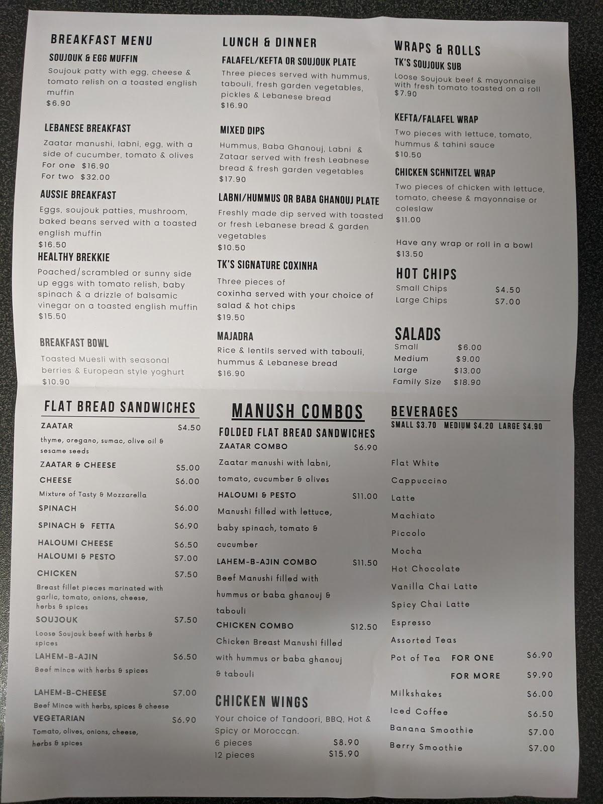 Menu at TK's Cafe & Pizzeria, Park Holme