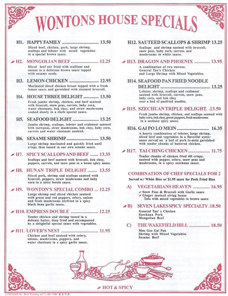Menu at Wontons Chinese Restaurant, Wakefield, White Mountain Hwy