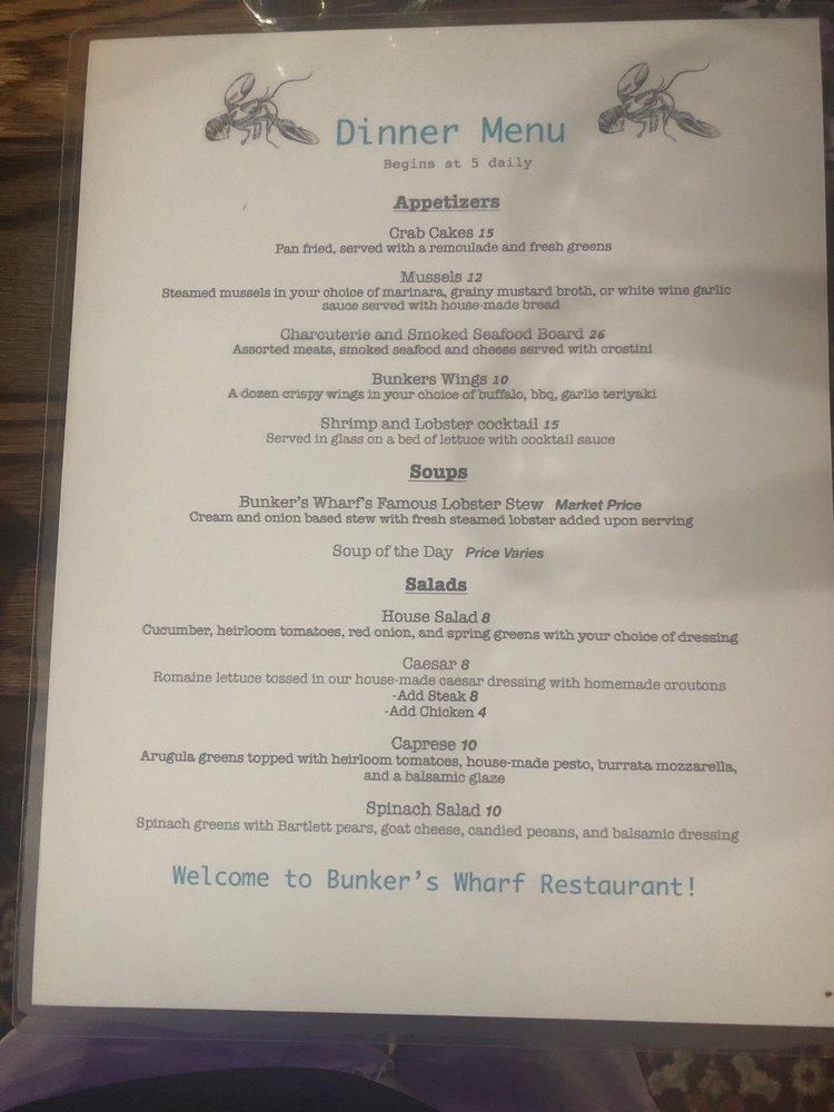 Menu at Bunker's Seafood and Spirits steakhouse, Gouldsboro