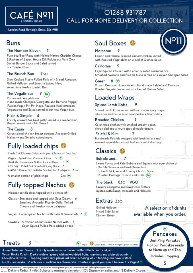 Menu at Café No.11 restaurant, Rayleigh