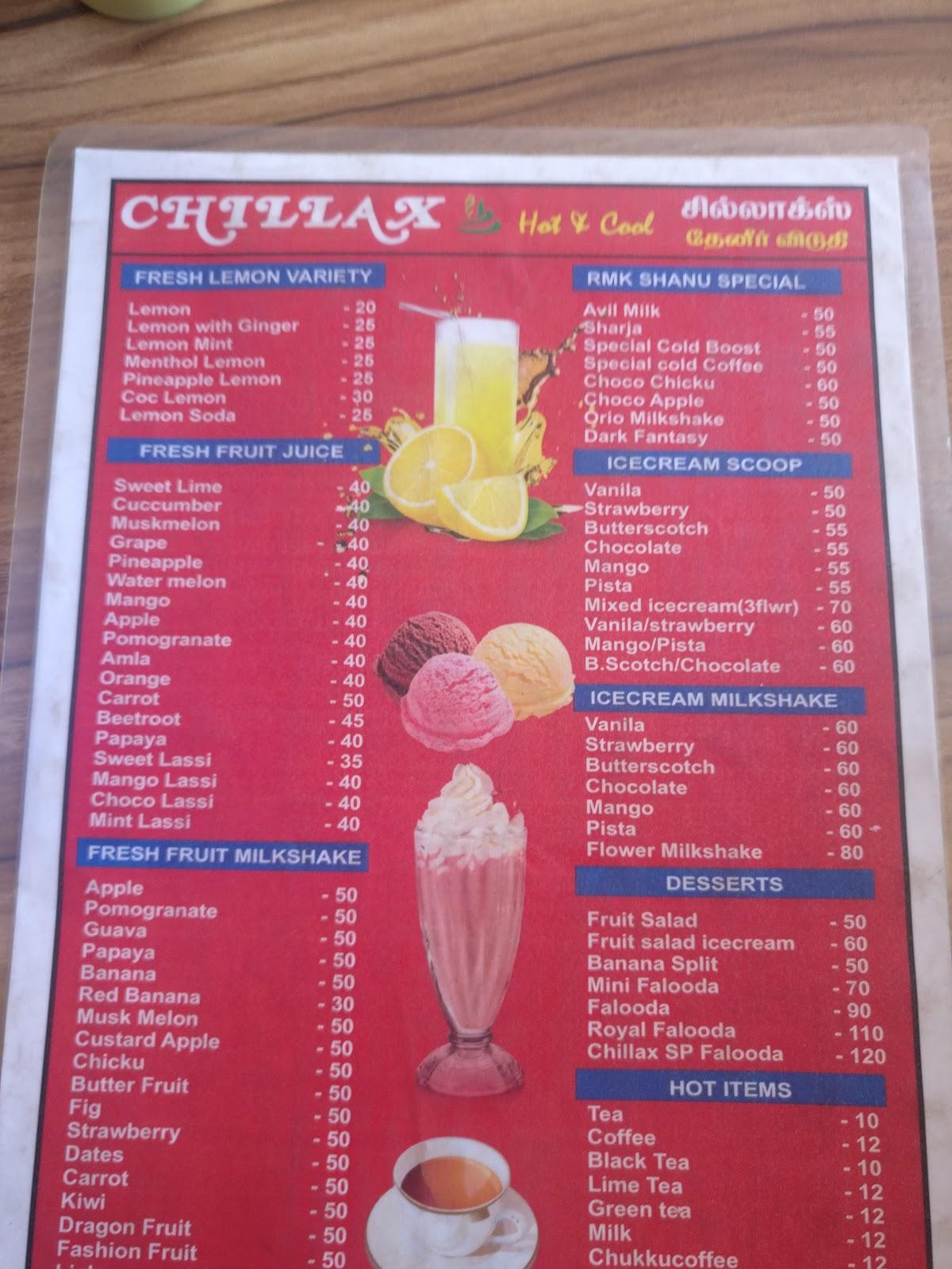 Menu at Chillax bakery, Tambaram Corporation, Mudichur