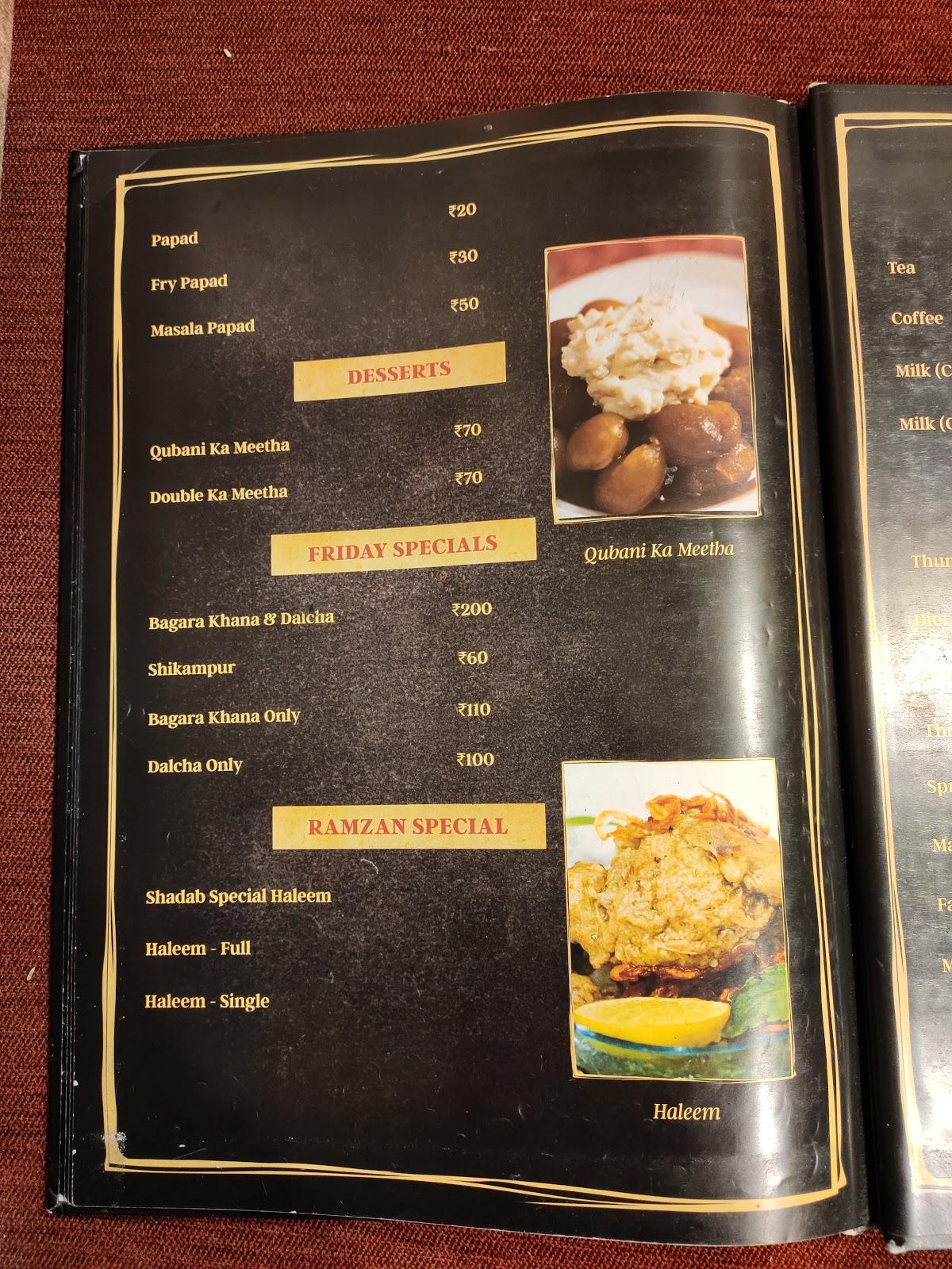 Menu at Hotel Shadab, Hyderabad, 26-A