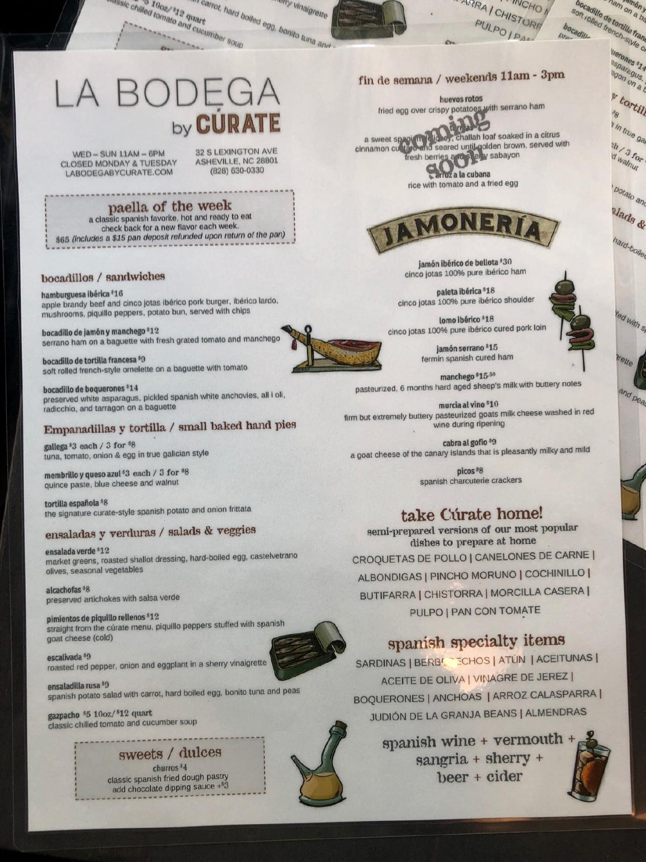 Menu at La Bodega by Cúrate restaurant, Asheville