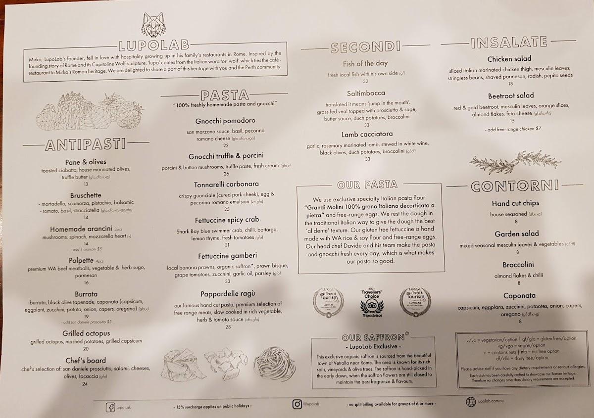 Menu at LupoLab restaurant, Mount Hawthorn