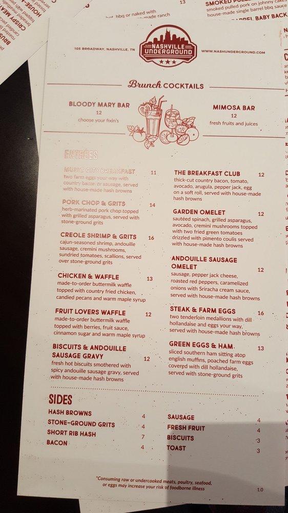 Menu at Nashville Underground pub & bar, Nashville