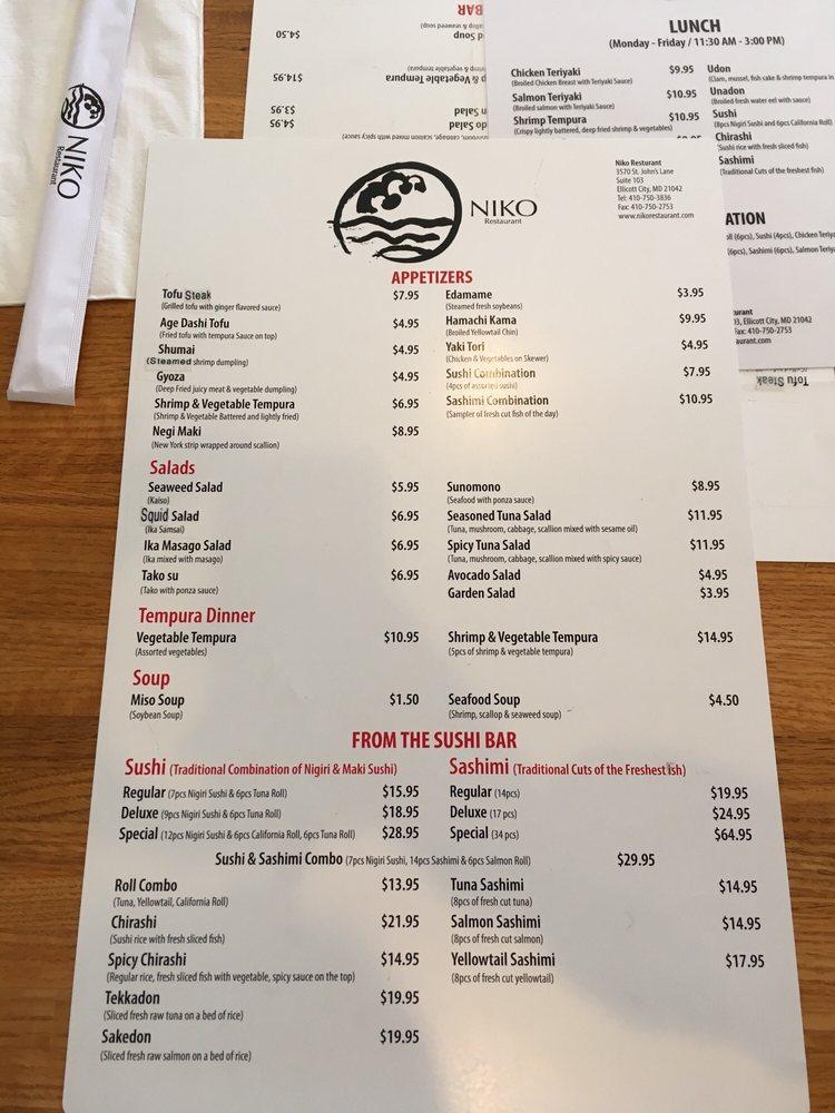 Menu at Niko Japanese Restaurant, Ellicott City, St Johns Ln Suite 103