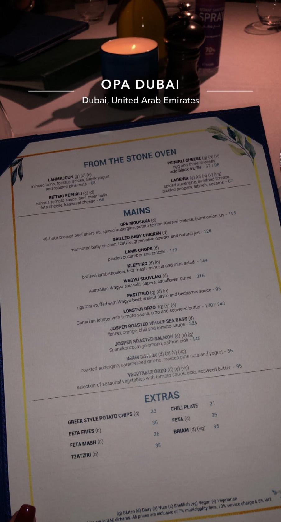 Menu at Opa Dubai restaurant, Dubai, 67GM+HP6