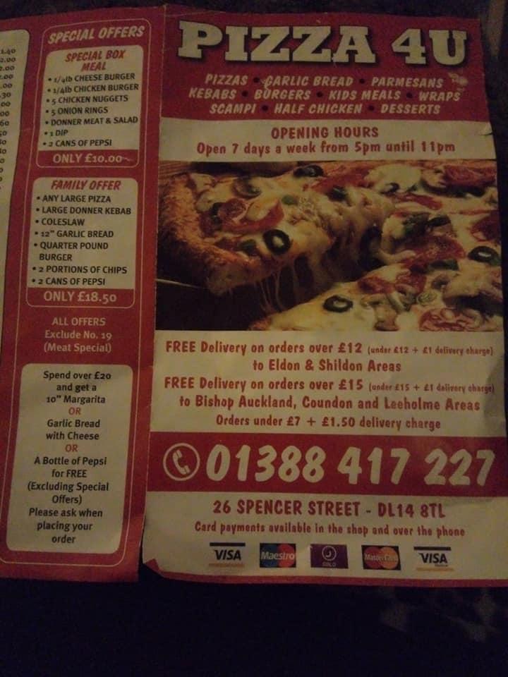 Menu at Pizza 4U pizzeria, Bishop Auckland