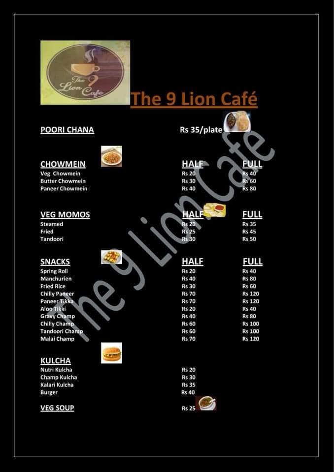Menu at The 9 Lions Cafe, India