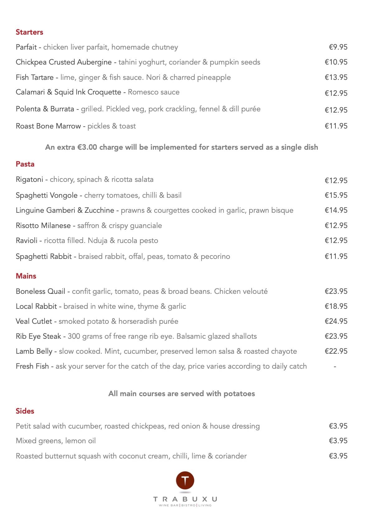 Menu at Trabuxu Bistro restaurant, Valletta