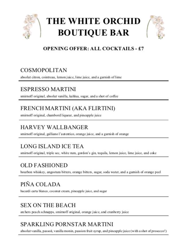 Menu at White Orchid Boutique Bar, Accrington