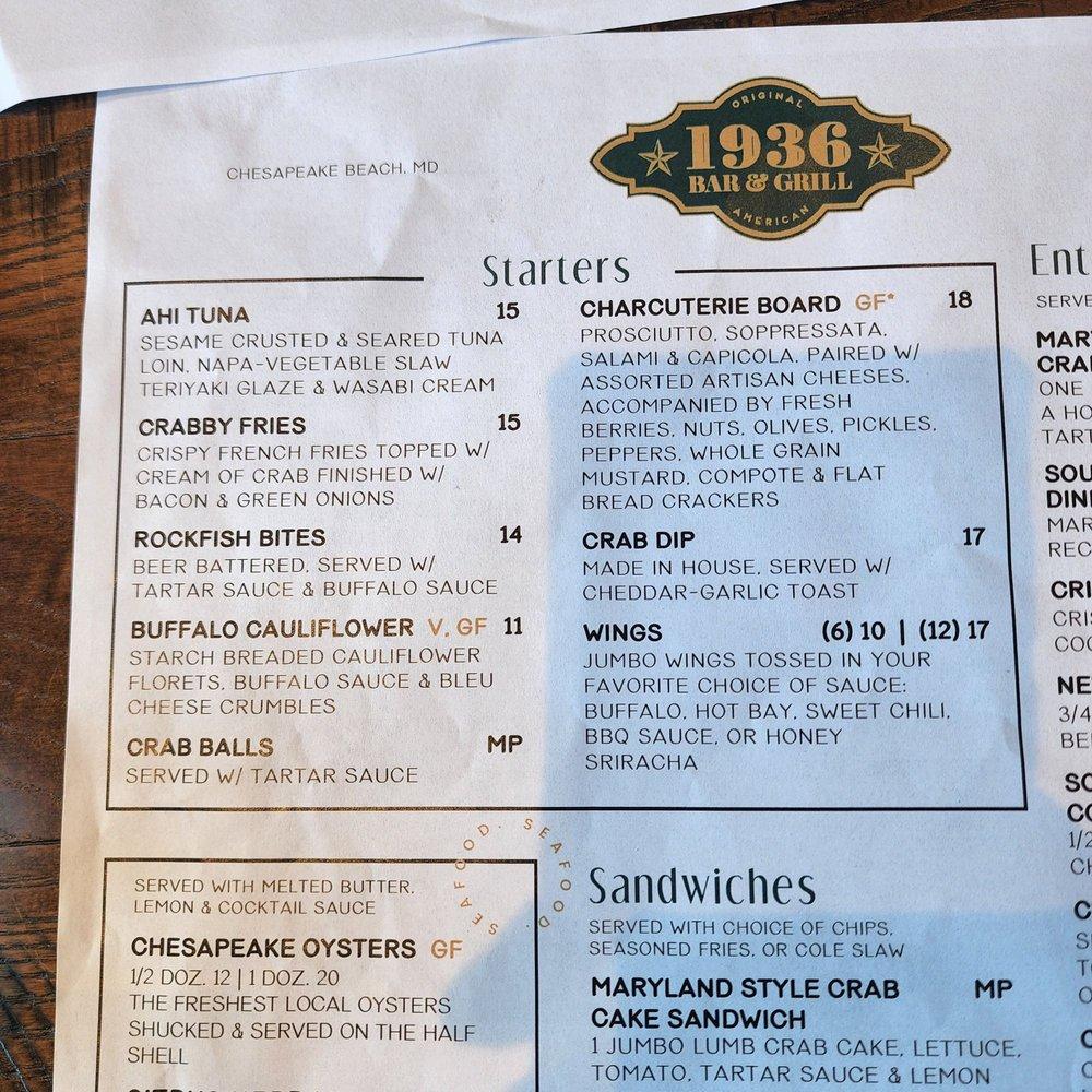 Menu at 1936 Bar & Grill, Chesapeake Beach