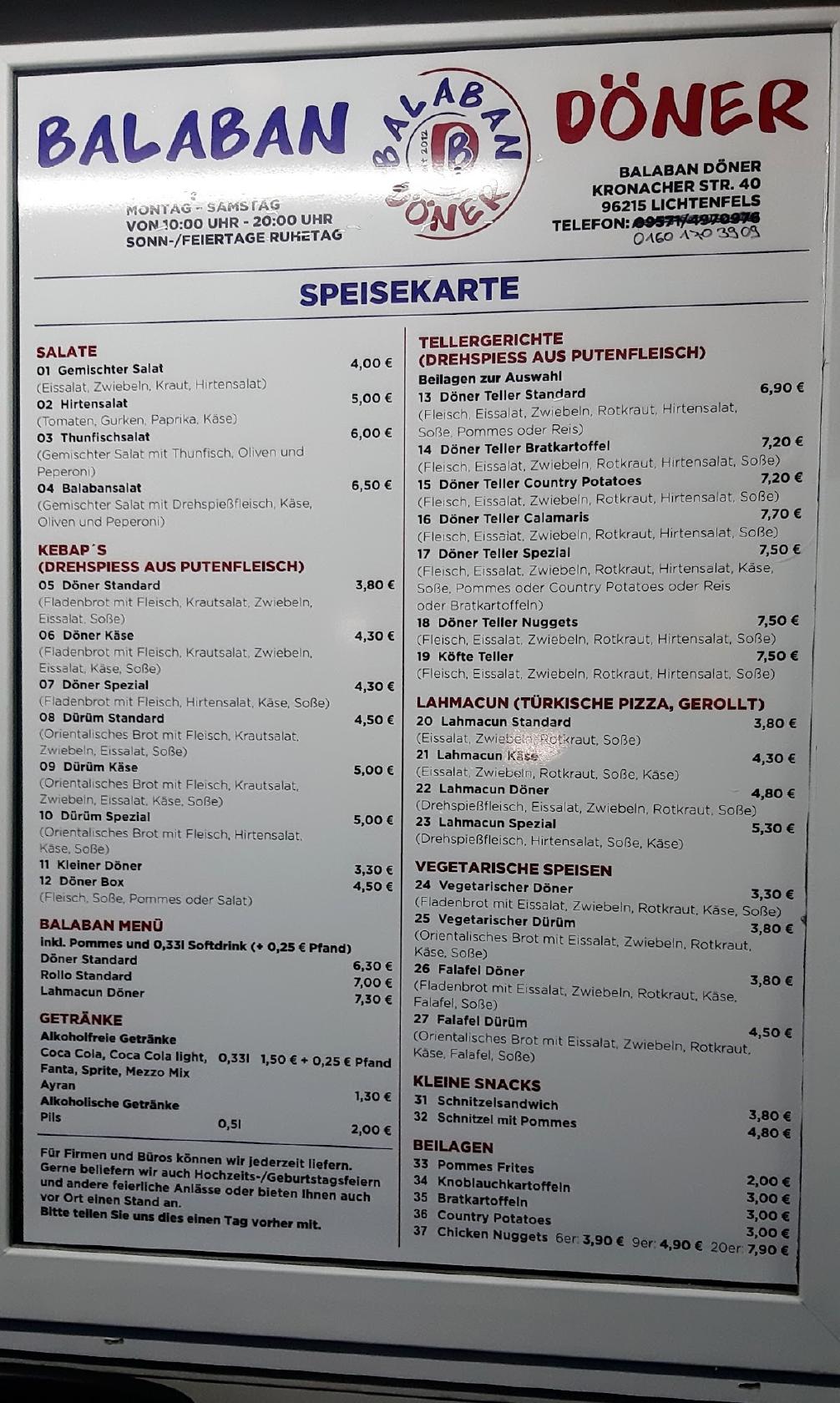 Speisekarte von BALABAN DÖNER pub & Bar, Lichtenfels