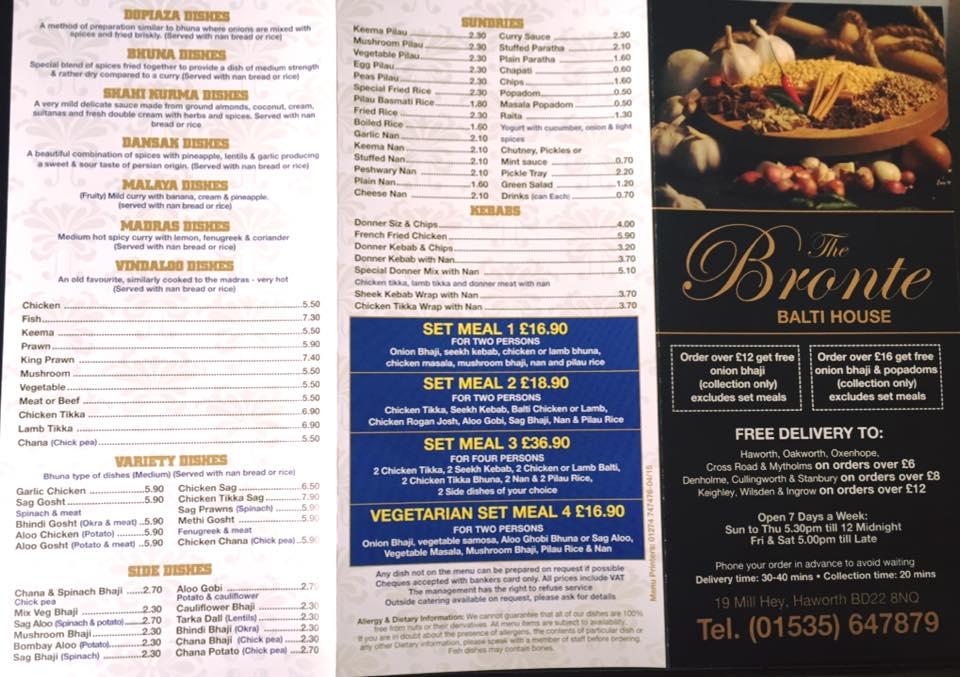 Menu at Bronti Balti House fast food, Keighley