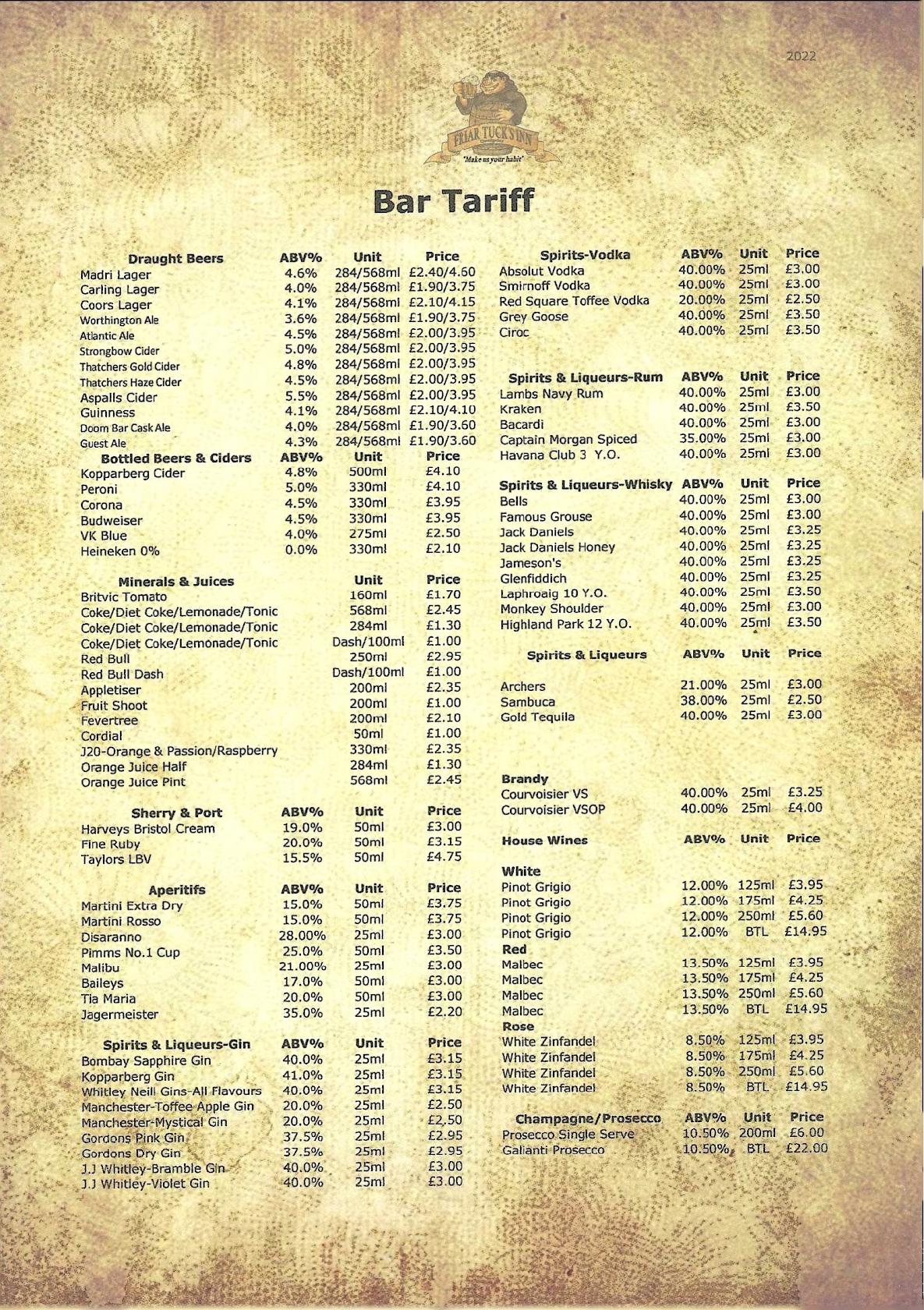 Menu at Friar Tucks Inn pub & bar, Gloucester