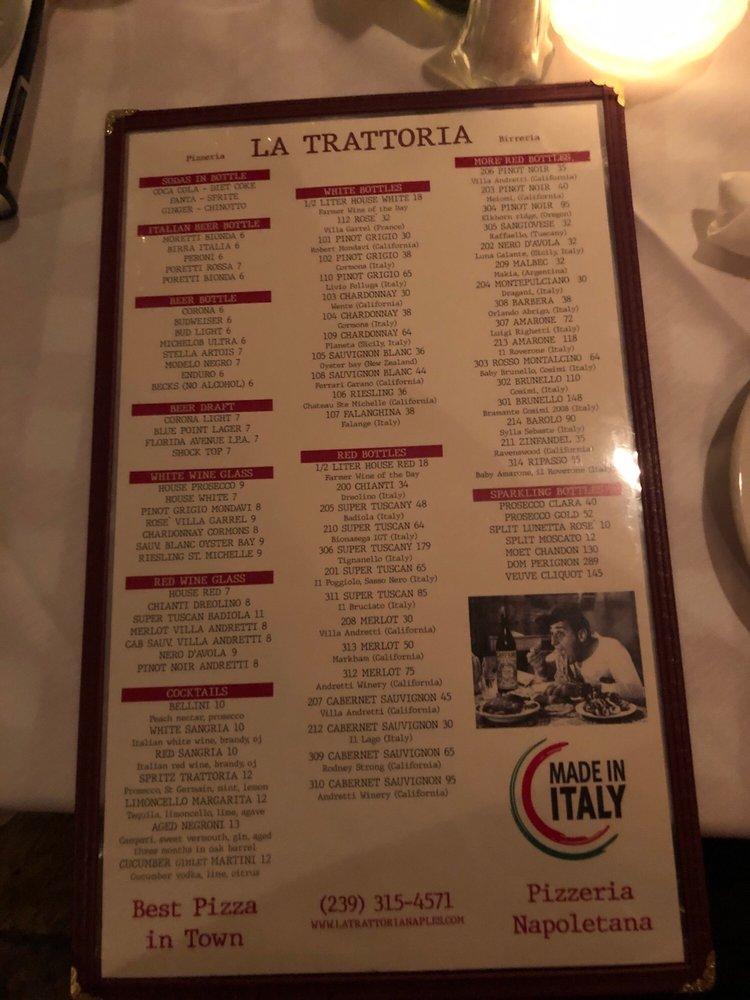 Menu at La Trattoria pizzeria, Naples