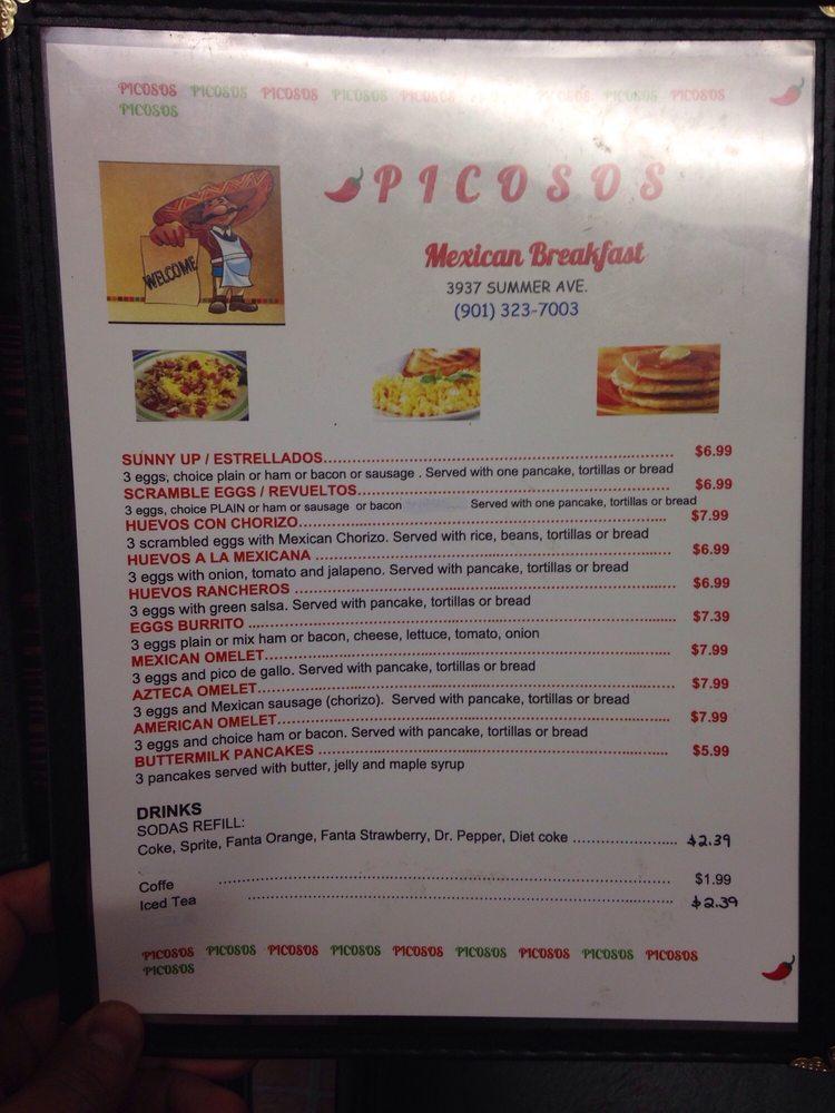 Menu at Picosos restaurant, Memphis, Summer Ave