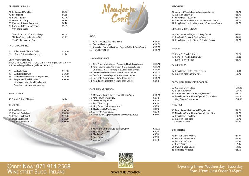 Menu at Mandarin Court Chinese Restaurant, Sligo