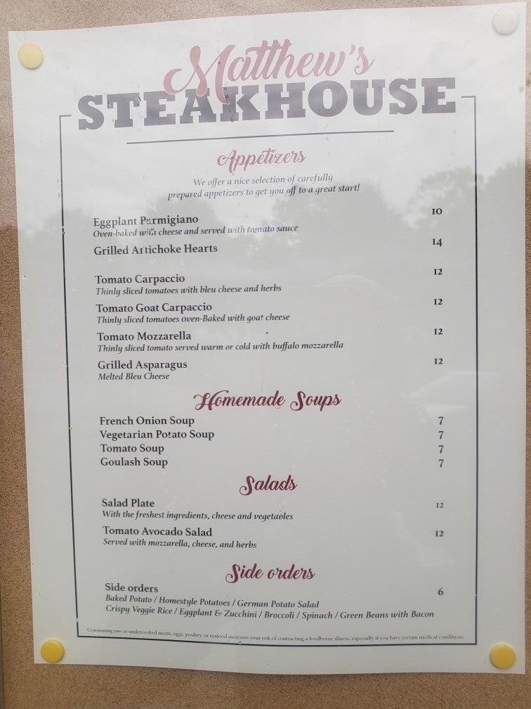 Menu at Matthew's Steakhouse, Winter Garden