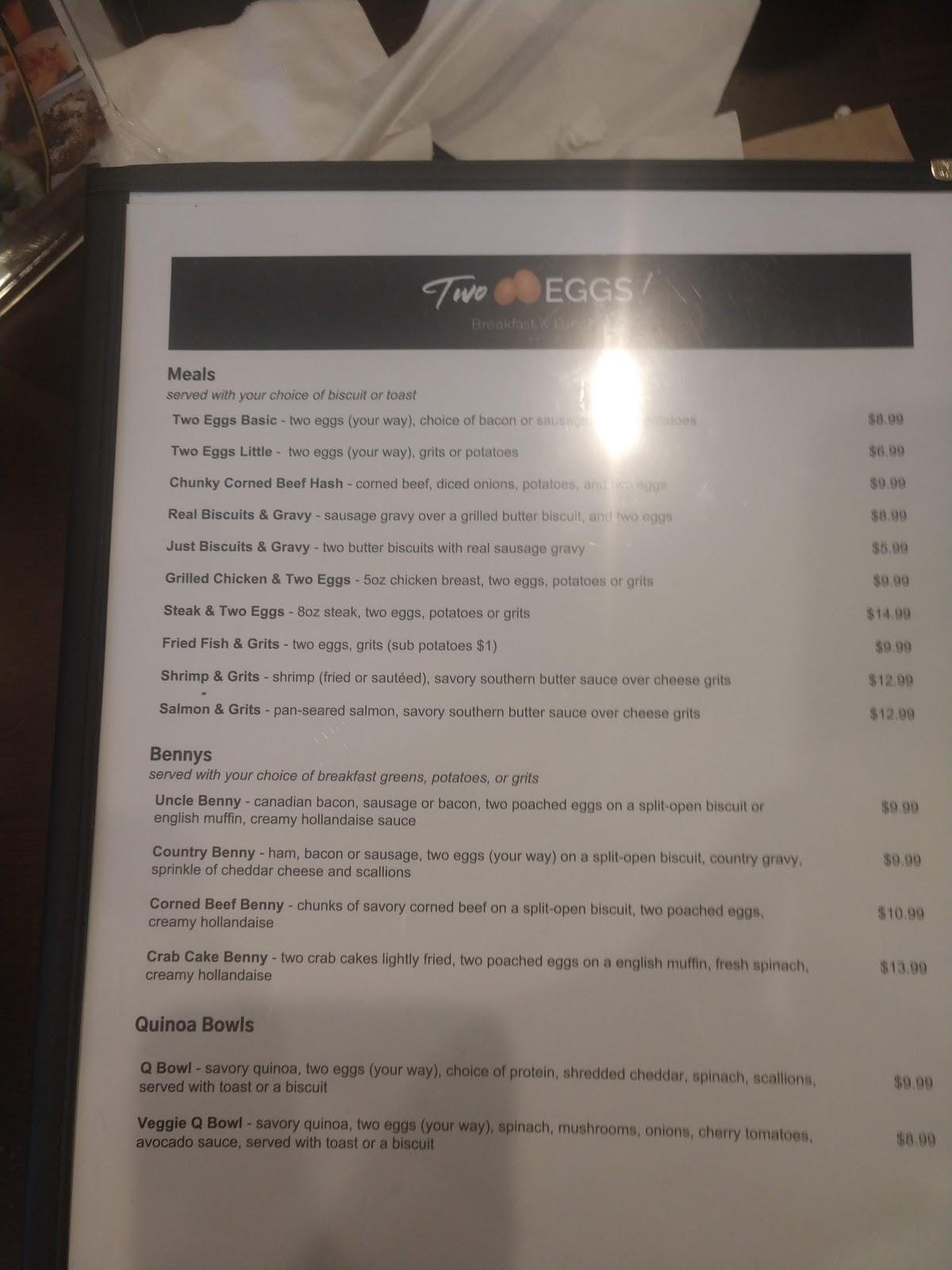 Menu at Two Eggs! restaurant, McDonough