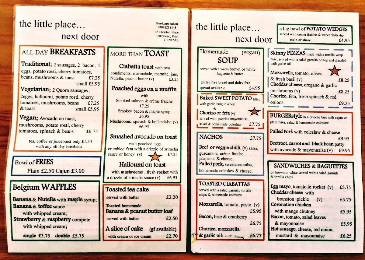 Menu at the little place next door cafe, Folkestone