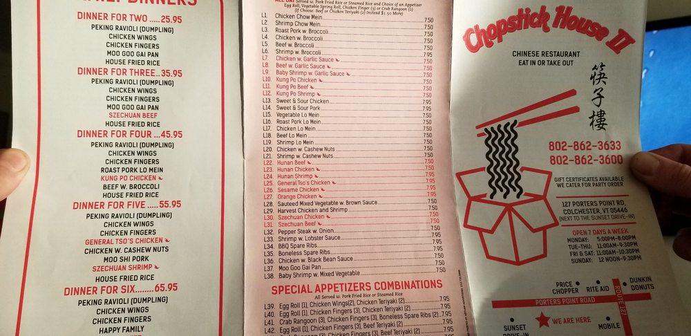 Menu at Chopstick House II restaurant, Colchester