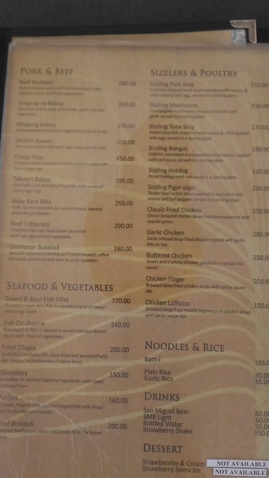 Menu at Dulcinea restaurant, Baguio
