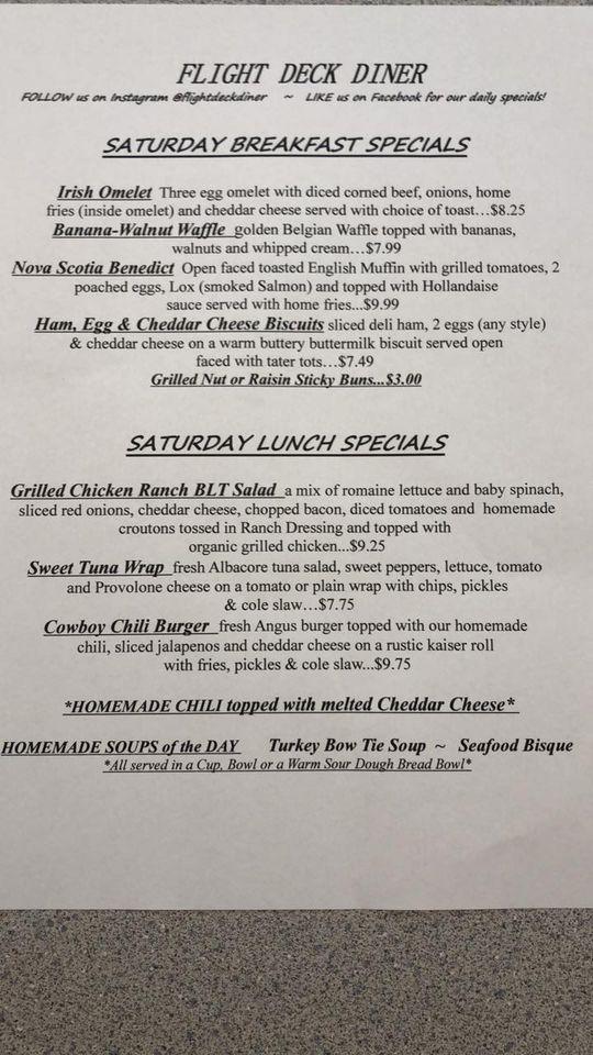 Menu at Flight Deck Diner restaurant, Erma