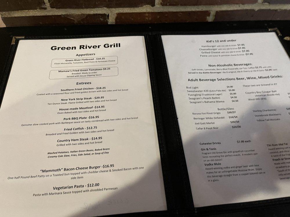 Menu at Green River Grill restaurant, Mammoth Cave, 171 Hotel Road