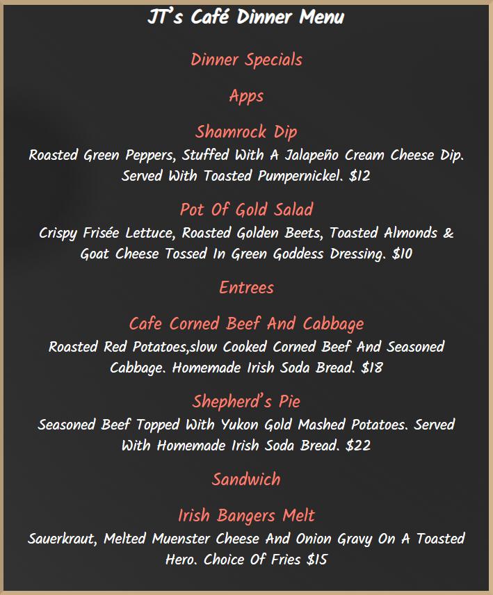Menu at JT's Cafe, Blue Point, 4 Montauk Hwy