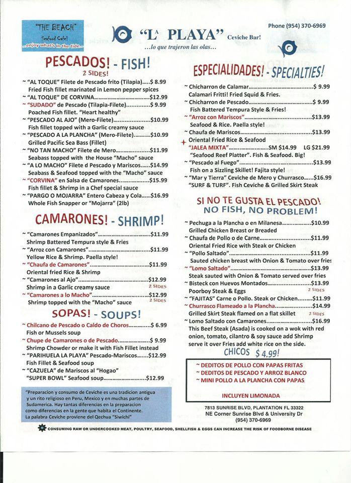 Menu at La Playa Ceviche Bar / The Beach Seafood Café, Plantation