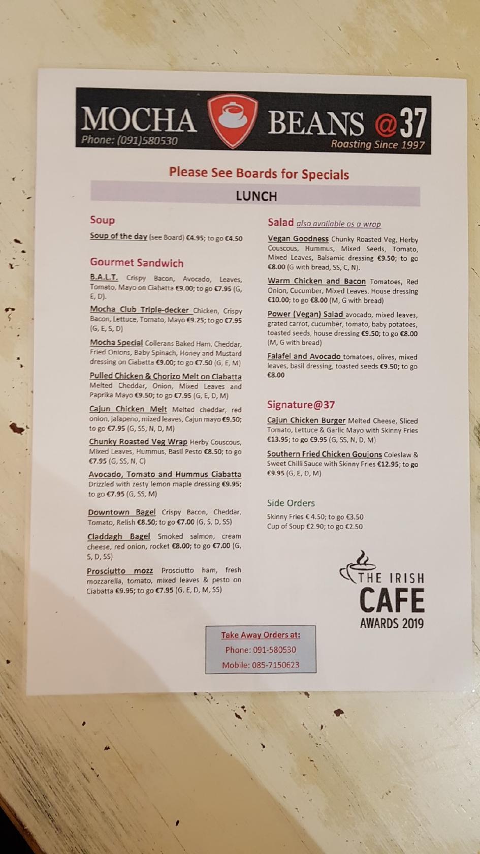 Menu at Mocha Beans @37 cafe, Galway, 37 Lower Newcastle