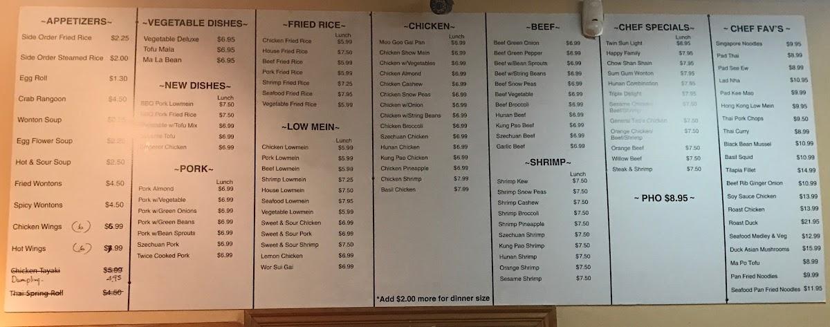 Menu at Twin Sunlight restaurant, Columbus