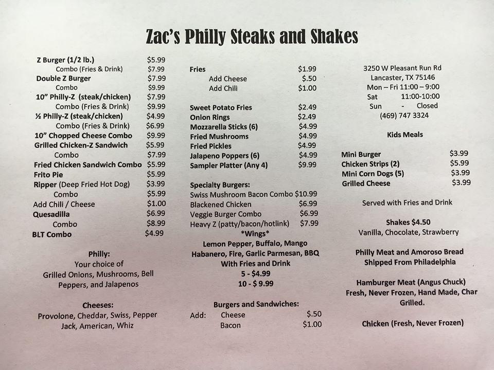 Menu at Zac's Phillysteaks & Shakes restaurant, Lancaster