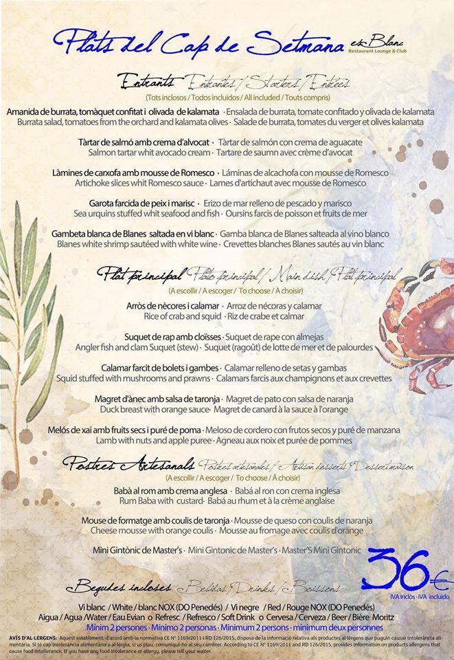 Carta de Restaurant & Lounge Club Es Blanc, Blanes, Carrer del Mirador ...