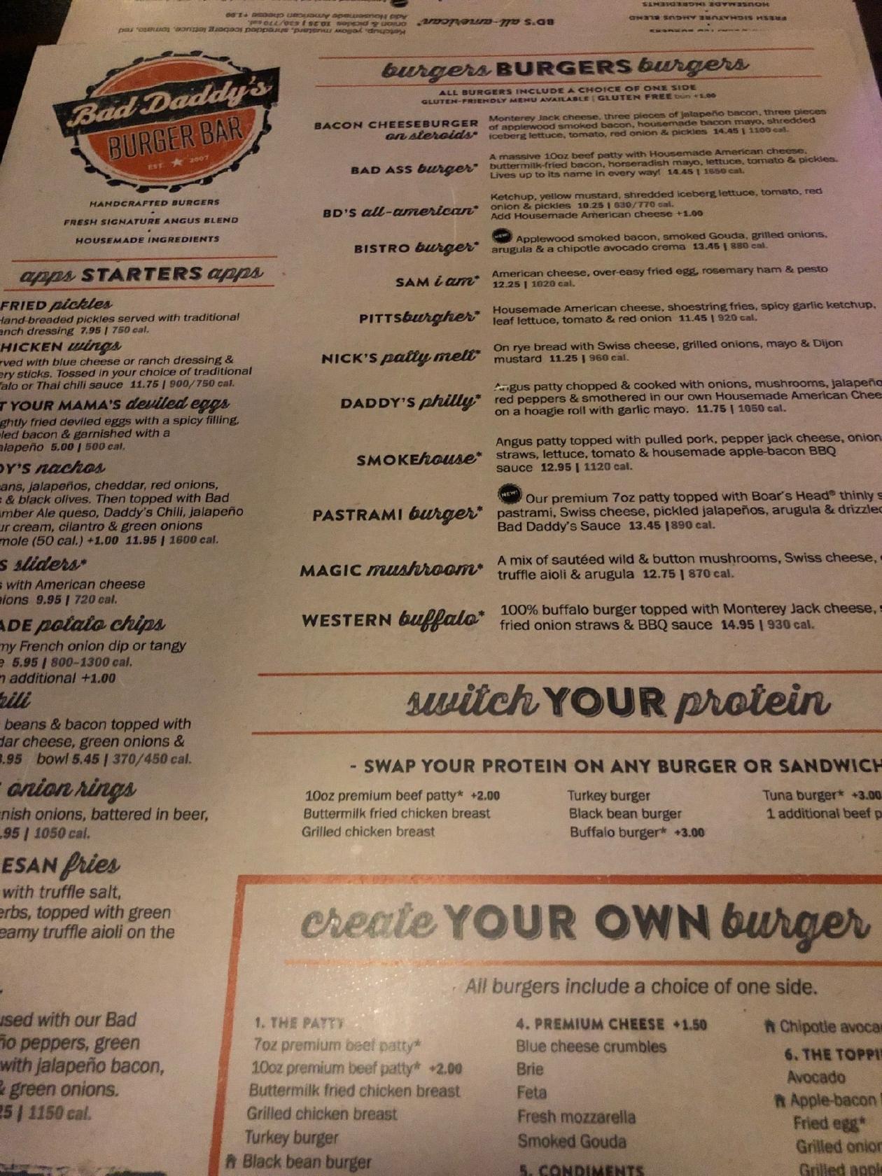 Menu at Bad Daddys Burger Bar, Columbia