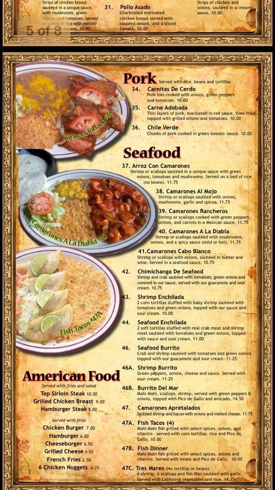 Menu at Fiesta Mexicana restaurant, Red Wing