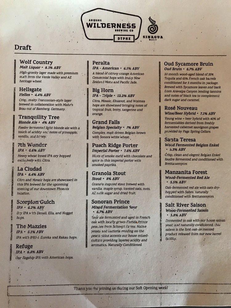 Menu at Arizona Wilderness DTPHX pub & bar, Phoenix