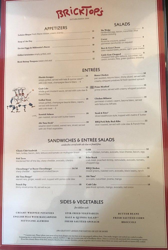 Menu at BrickTop's restaurant, Naples, Tamiami Trail N