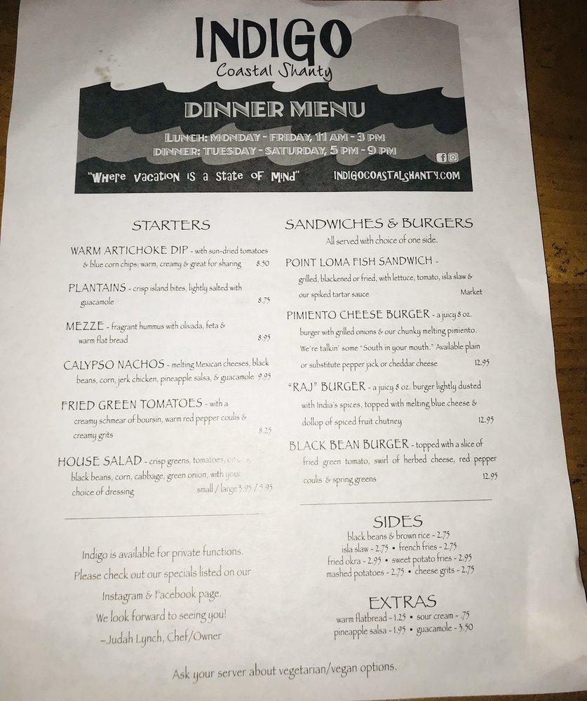 Menu at Indigo Coastal Shanty restaurant, Brunswick