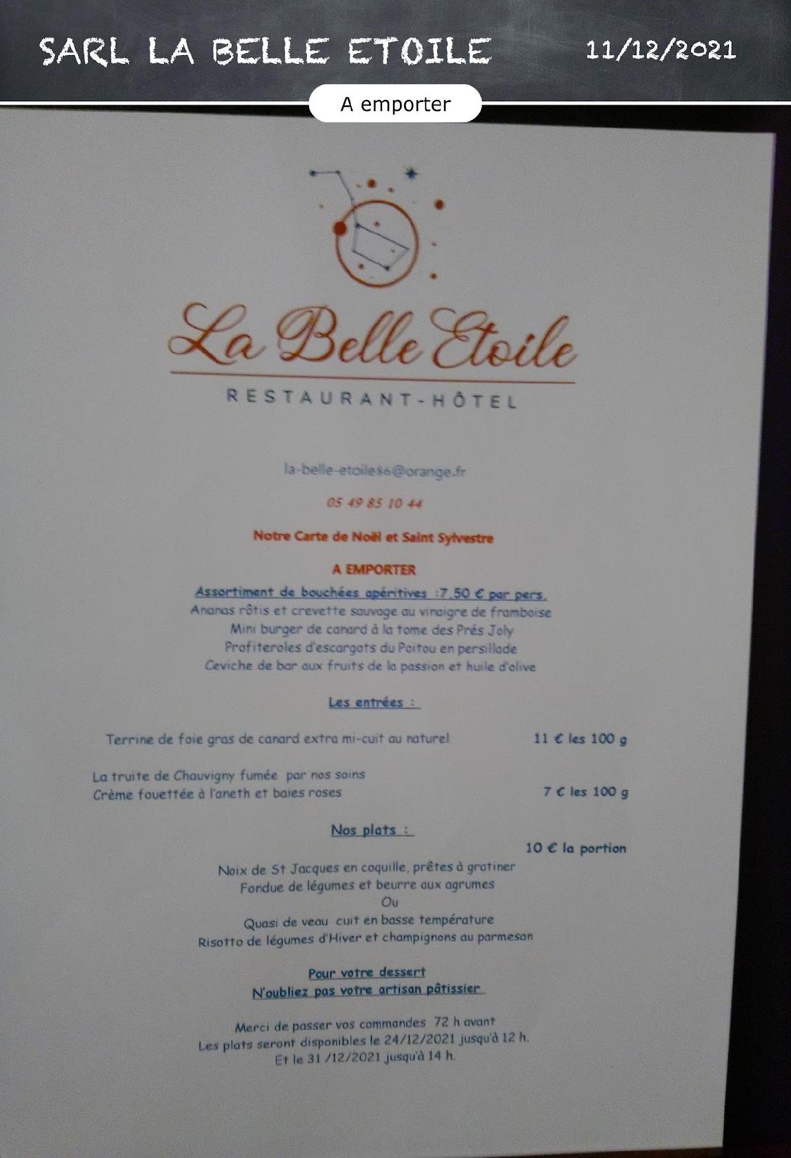 Menu au La belle Etoile restaurant, Vouneuil-sur-Vienne