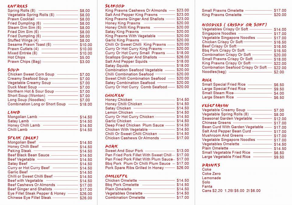 Menu at Mango Duck restaurant, Cessnock